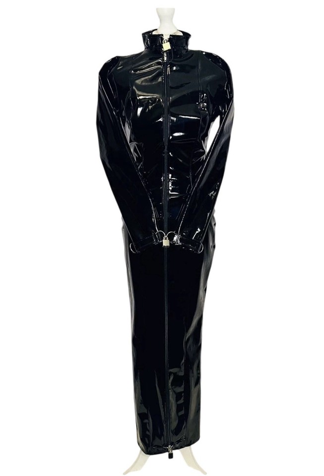 Misfitz blk PVC padlock hobble dress, two way zip. Lockable cuffs. SIZE ...
