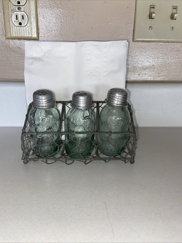 Country Chicken Wire Salt Pepper Shaker and Napkin Caddy Holder Rustic ...