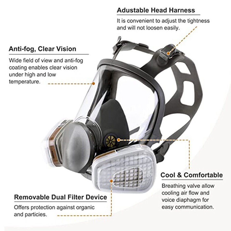 Full Face Respirator Mask Gas Double Filter Air Breathing Chemical Gas ...