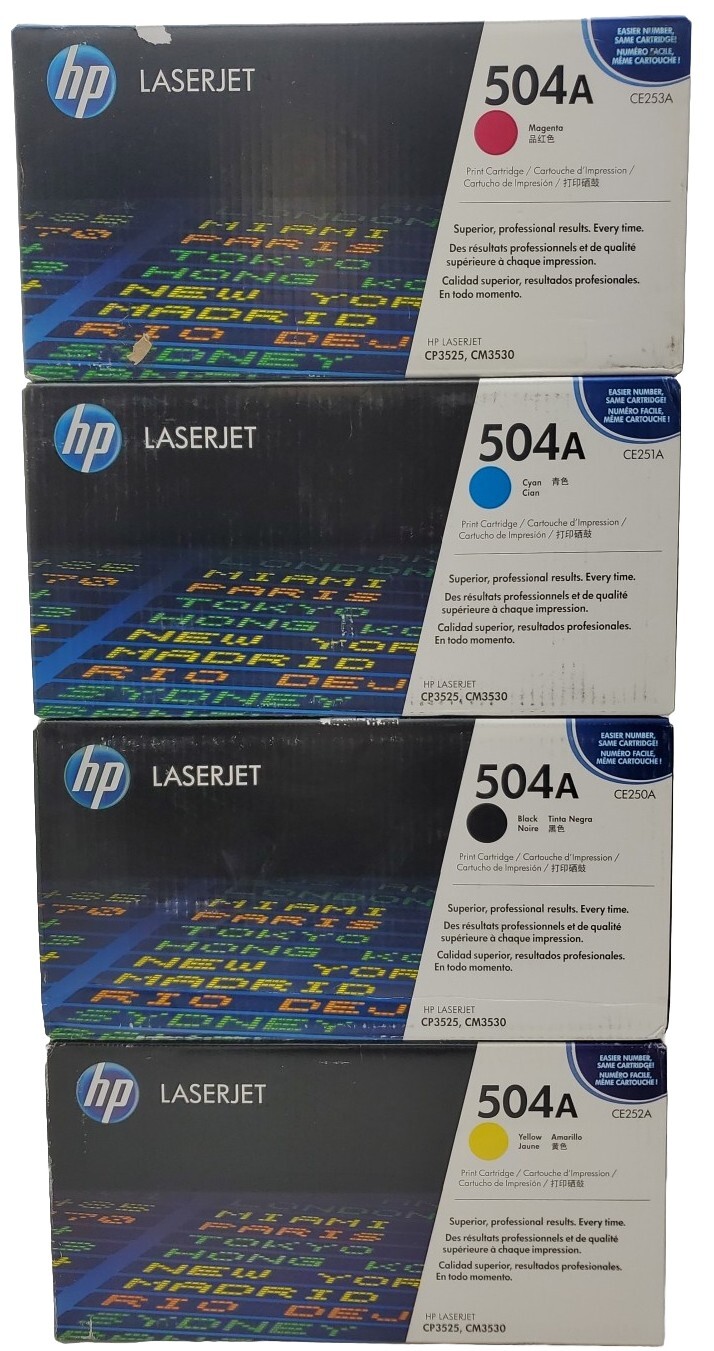 Set of 4 Hp Genuine 504A Print CE250A Black CE251A Cyan CE252A Yellow ...
