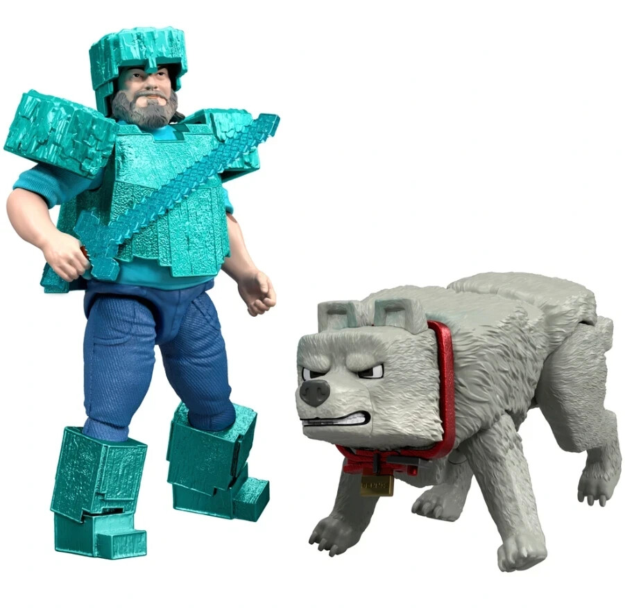 Minecraft Movie Steve in Diamond Armour figurine & Dennis the Wolf ...