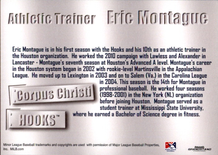 2011 Corpus Christi Hooks Grandstand #19 Eric Montague Trainer Baseball ...