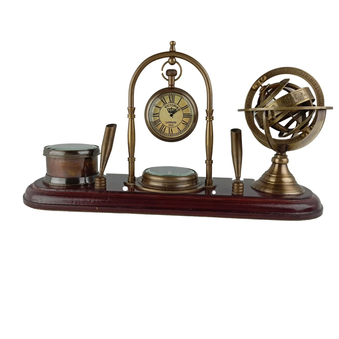 Nautical Brass Vintage Desk Pen Holder Clock Compass Armillary Sphere ...
