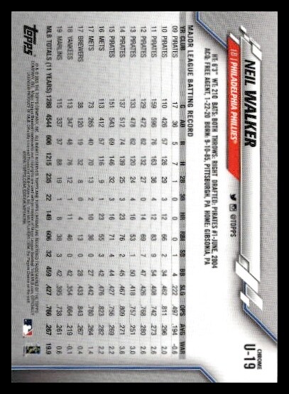 2020 Topps Chrome Update #U-19 Neil Walker Philadelphia Phillies ...