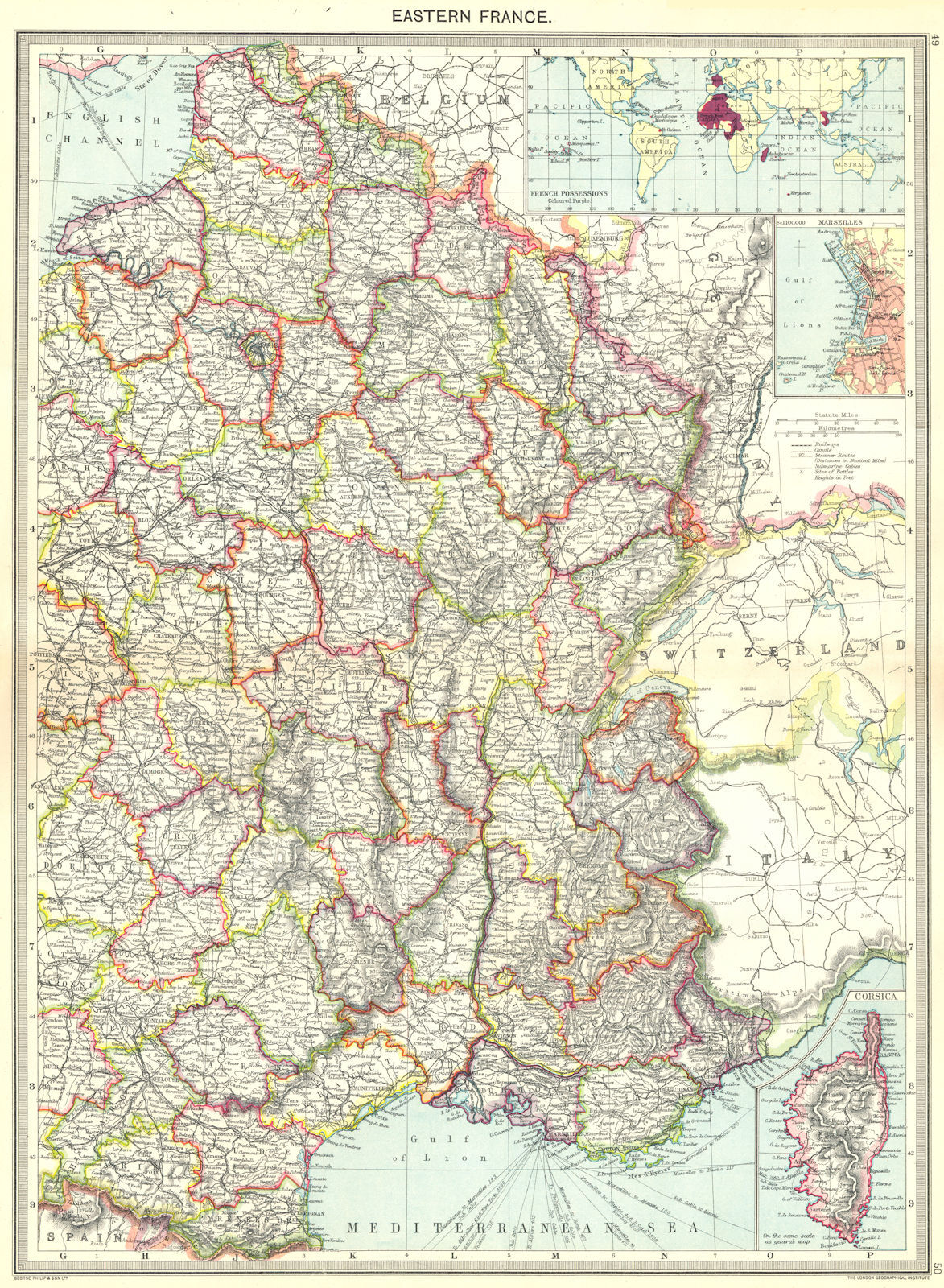 FRANCE. Eastern; maps of French Possessions; Marseilles; Corsica 1907 ...