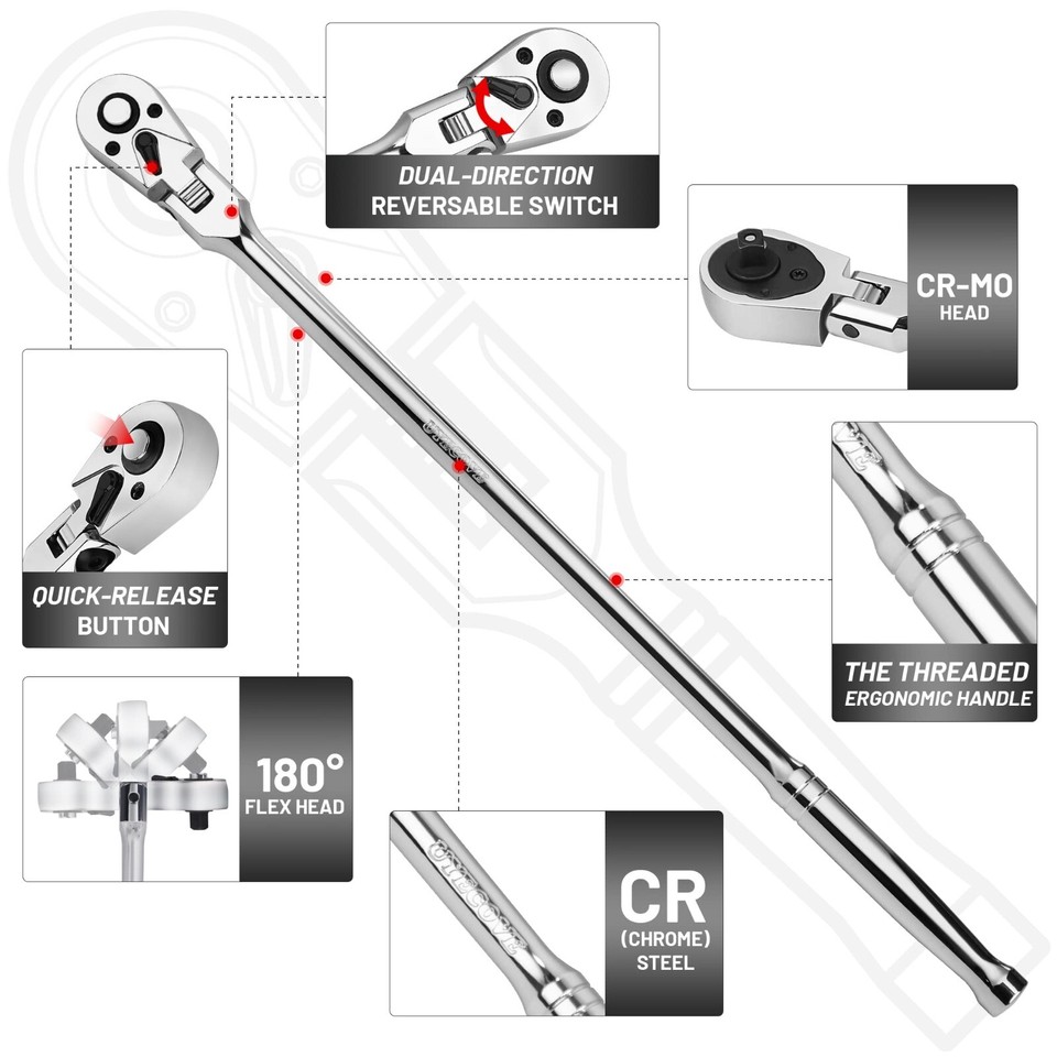 1/2'' Drive Flex Head Ratchet 1/2 Ratchet Long Handle 72 Tooth 1/2 Fl ...