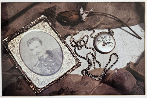 Civil War soldier collage photo w dried rose, gold jewelry, matted 12 x ...