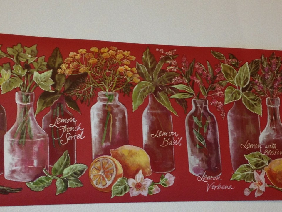 HERBS & SCENTS IN GLASS BOTTLES & MASON JARS PREPASTED KITCHEN BORDER ...