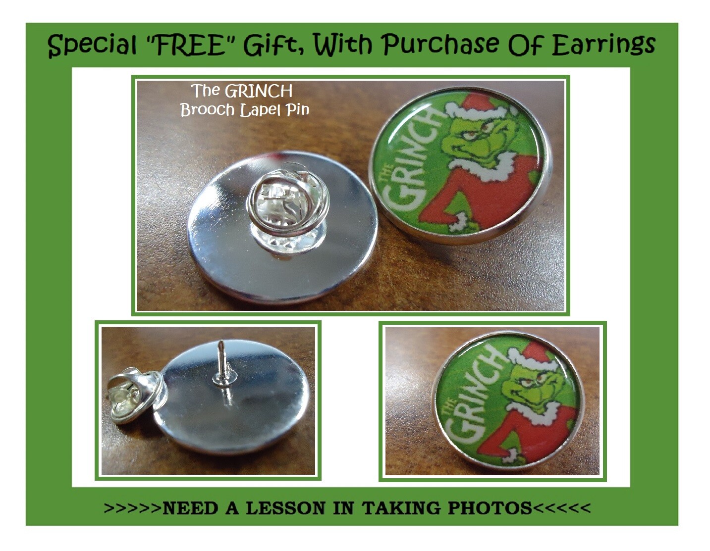 Double Sided The "GRINCH Stole Christmas Earrings ""FREE""" Brooch ...