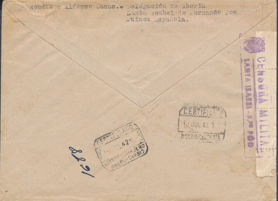 1942 Spanish Guinea REG 4Pt ovpt GOLFO DE GUINEA SANTA ISABEL/ FERNANDO ...