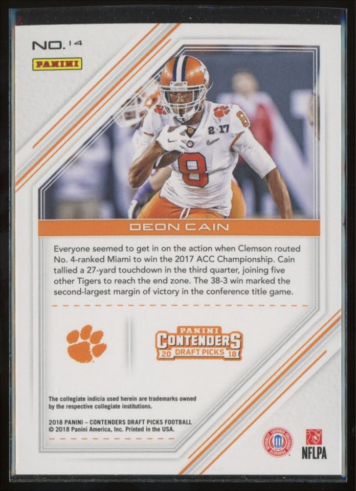 2018 PANINI CONTENDERS DRAFT PICKS GAME DAY TICKET #14 DEON CAIN | eBay