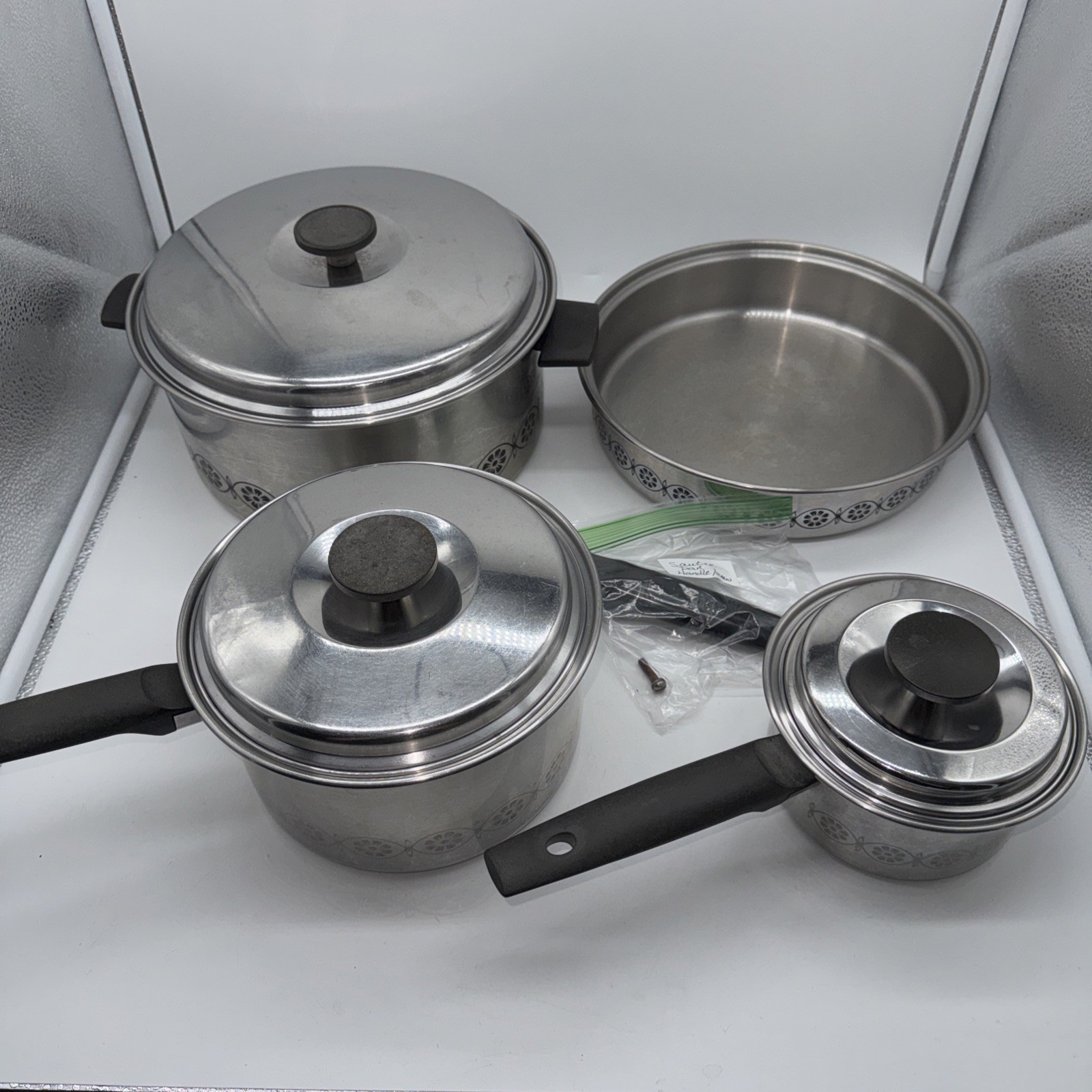 Vintage Flint Ware Ekco Stainless Steel USA 8 Piece Set 3 Ply Daisy ...