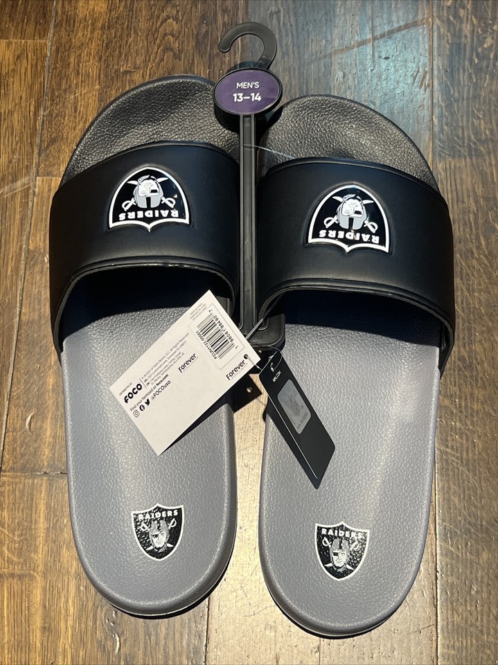New Mens Las Vegas Raiders Logo Black Silver Slides Foco Sandals Size ...