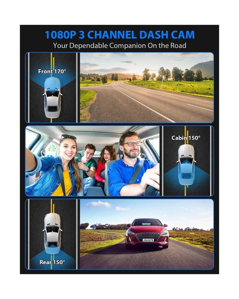 Dash Cam, 3 Channel Dash Cam, 1080P Dash Cam Front and Inside, Triple ...