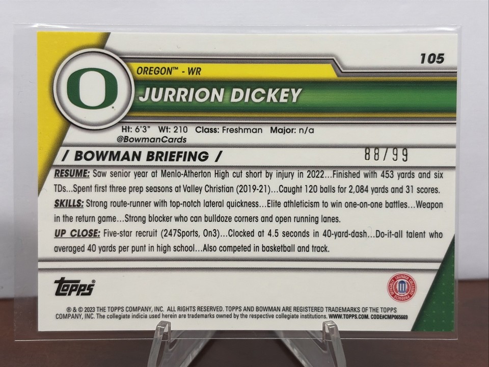 2023 Bowman University Chrome - Jurrion Dickey #105 Green Refractor /99 ...
