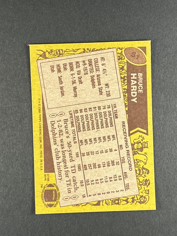 Bruce Hardy 1986 Topps #51 Miami Dolphins | eBay