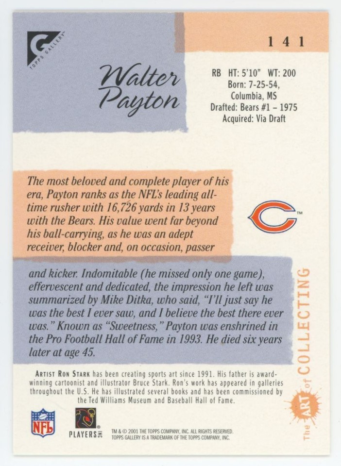 2001 Topps Gallery The Art Collecting Walter Payton Chicago Bears #141 ...