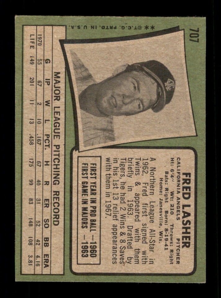1971 Topps #707 Fred Lasher - Crease Free | eBay