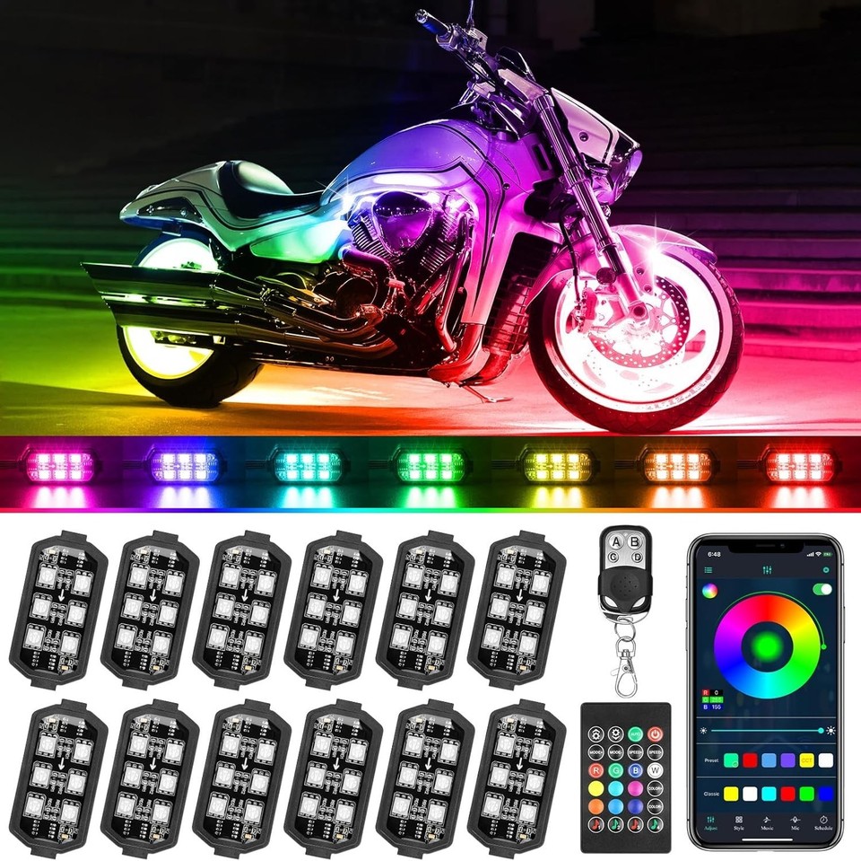 Motorcycle LED Underglow Kit, 12 Pcs APP Control RGB Chasing Mode 16 ...