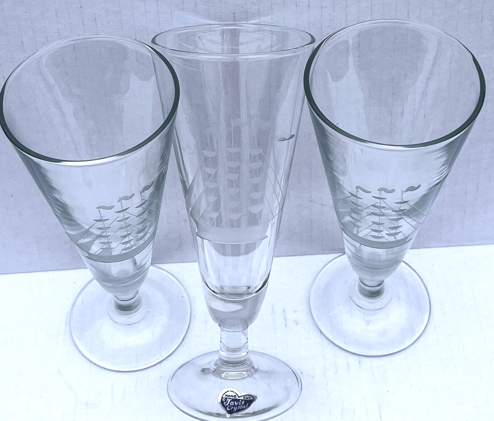 1970's JAVIT Fine Cut Crystal Etched Clipper Sailboat Beer Pilsner ...