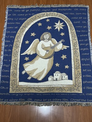 Large 55” x 47” Vintage Woven Tapestry Throw/Blanket with Angel Playing ...