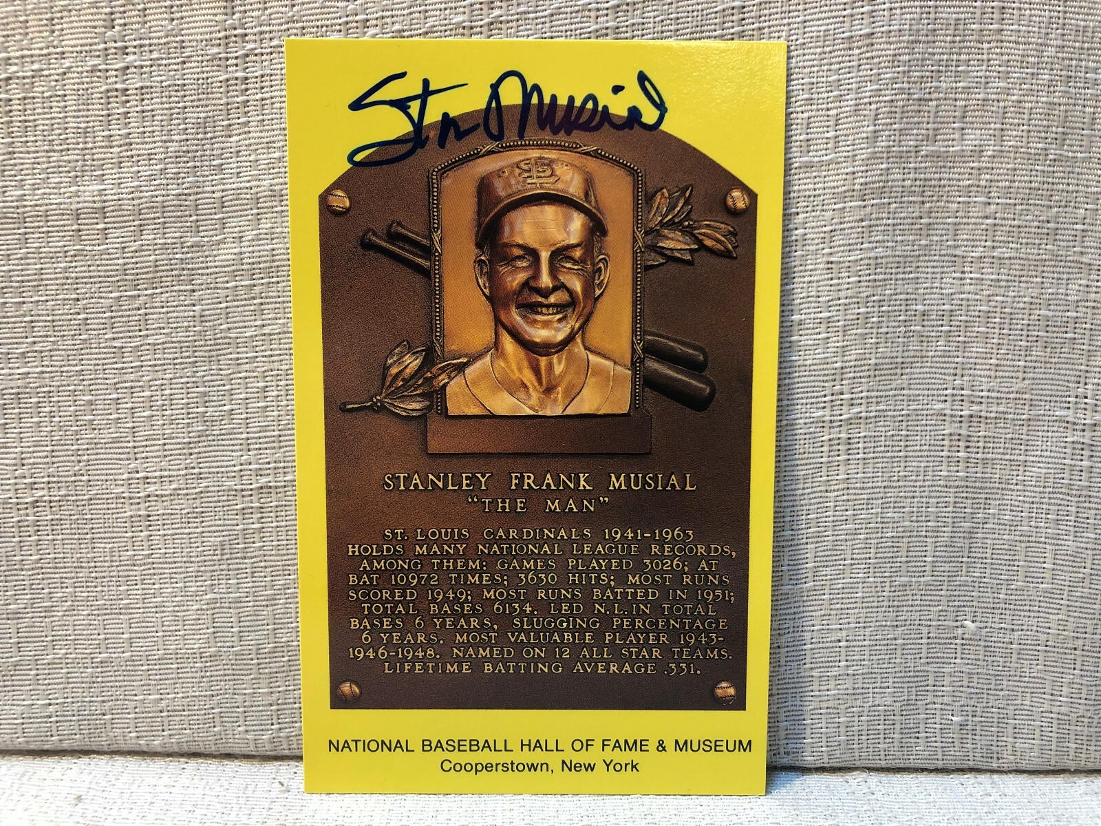 Stan Musial Signed Autographed Gold Hall of Fame Plaque HOF Postcard ...