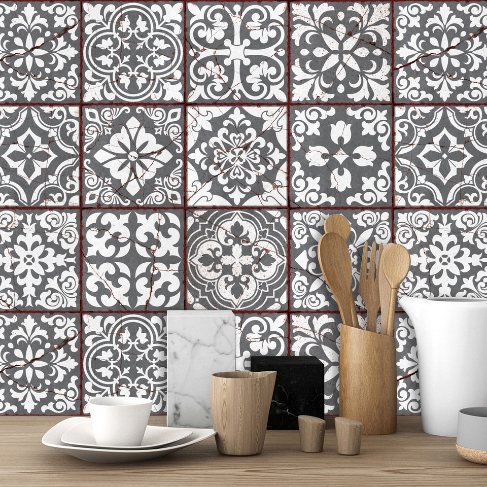 Tile Transfers Stickers Wall Vintage Mosaic Self-Adhesive Kitchen Peel ...