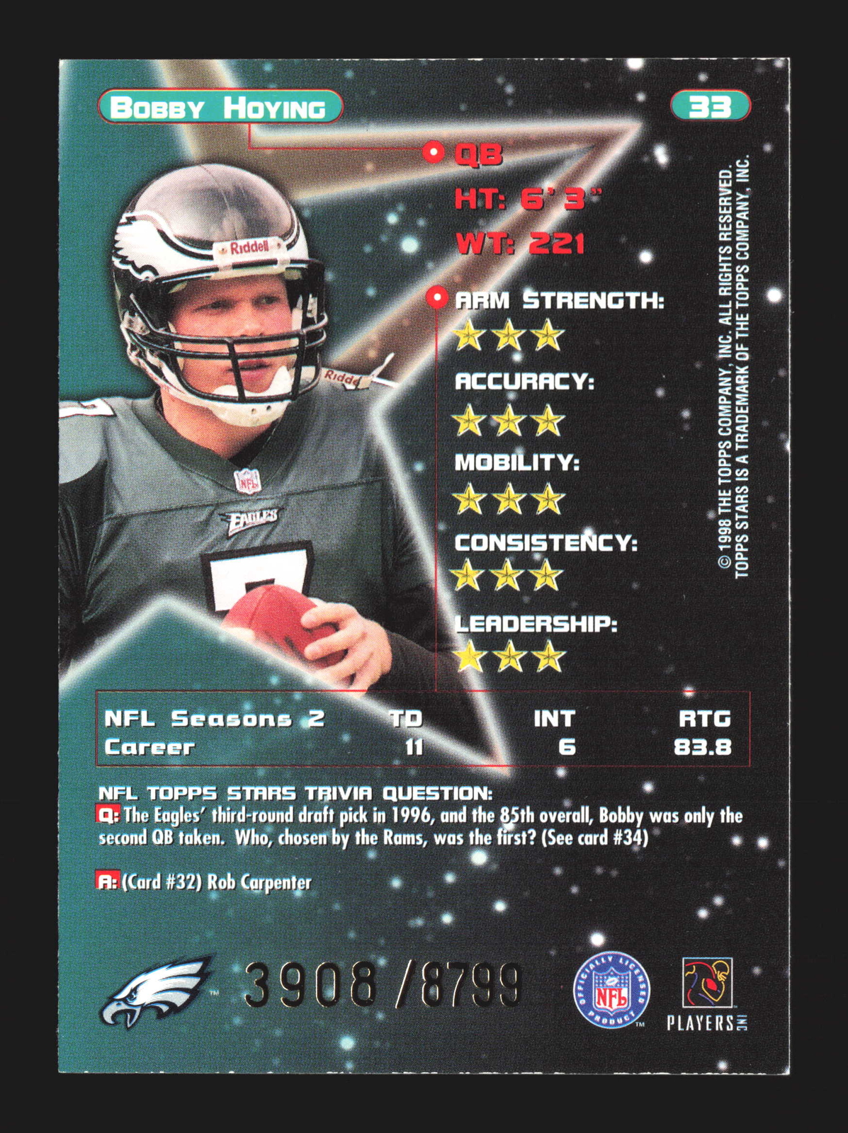 1998 Topps Stars NFL /8799 #33 Bobby Hoying Philadelphia Eagles ...