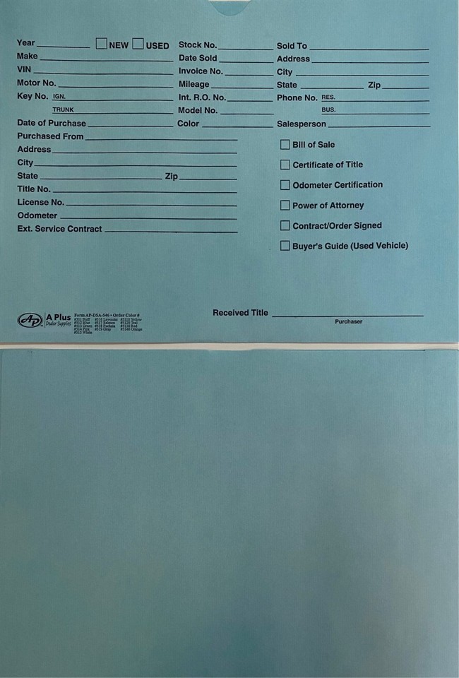 Vehicle Deal Jackets/Envelopes for Auto Sales • AP-DSA-546 Blue • Qty ...