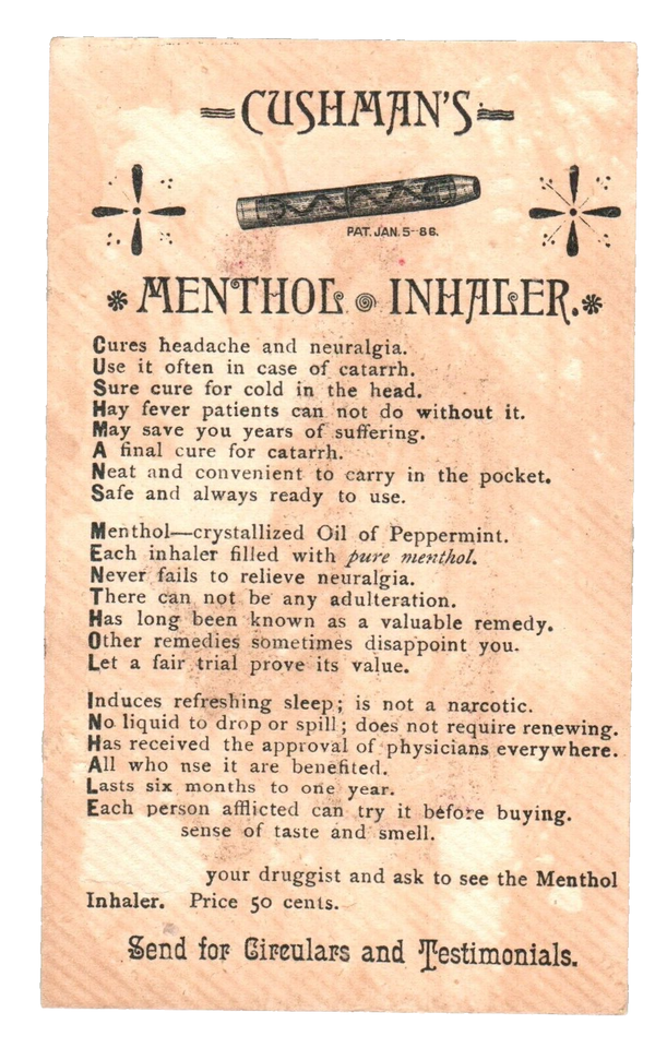c1880 Cushman's Menthol Inhaler Trade Card Asthma Acrostic Poem ...