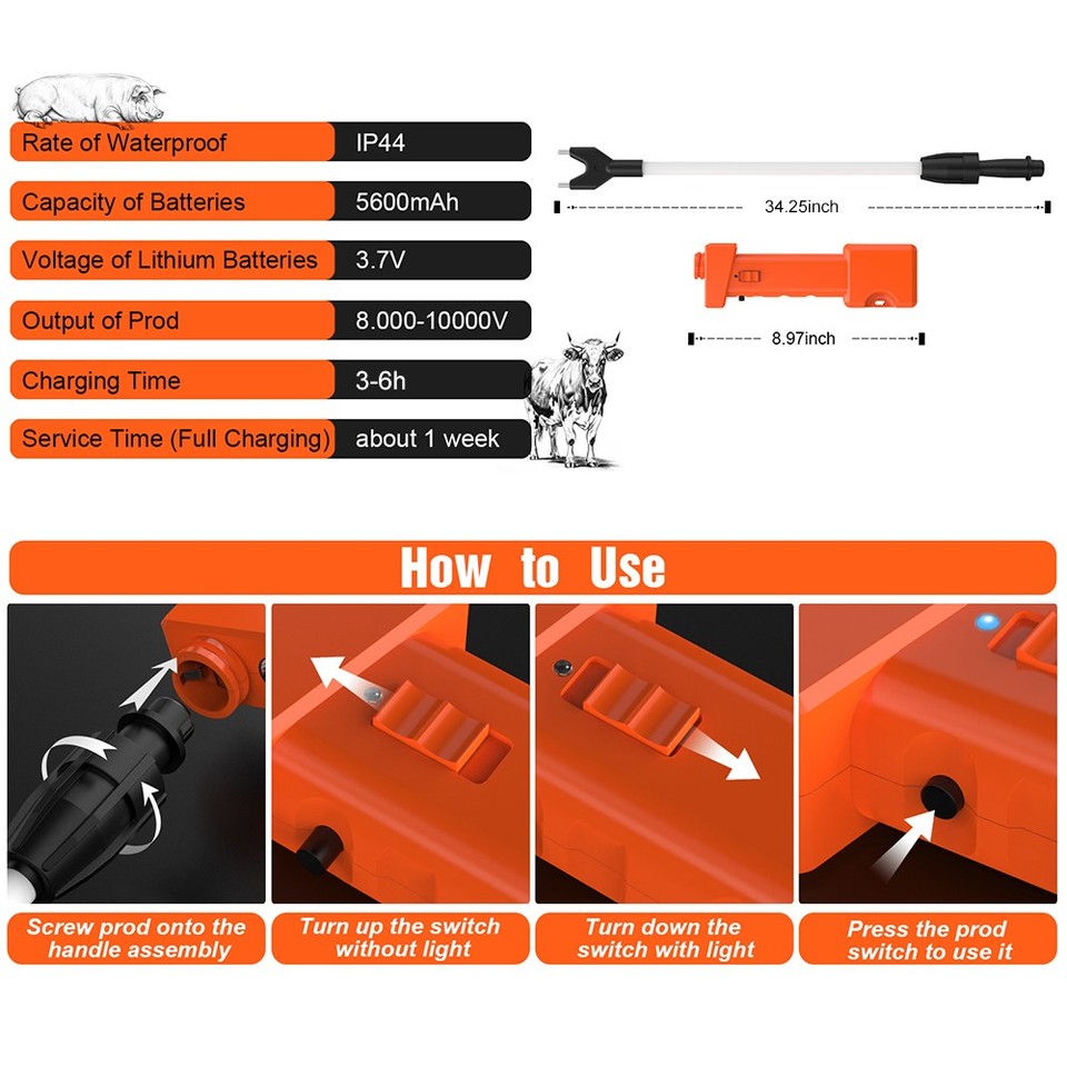 10000V Rechargeable Hot Shot Cattle Pig Prod Electric Shock Livestock ...