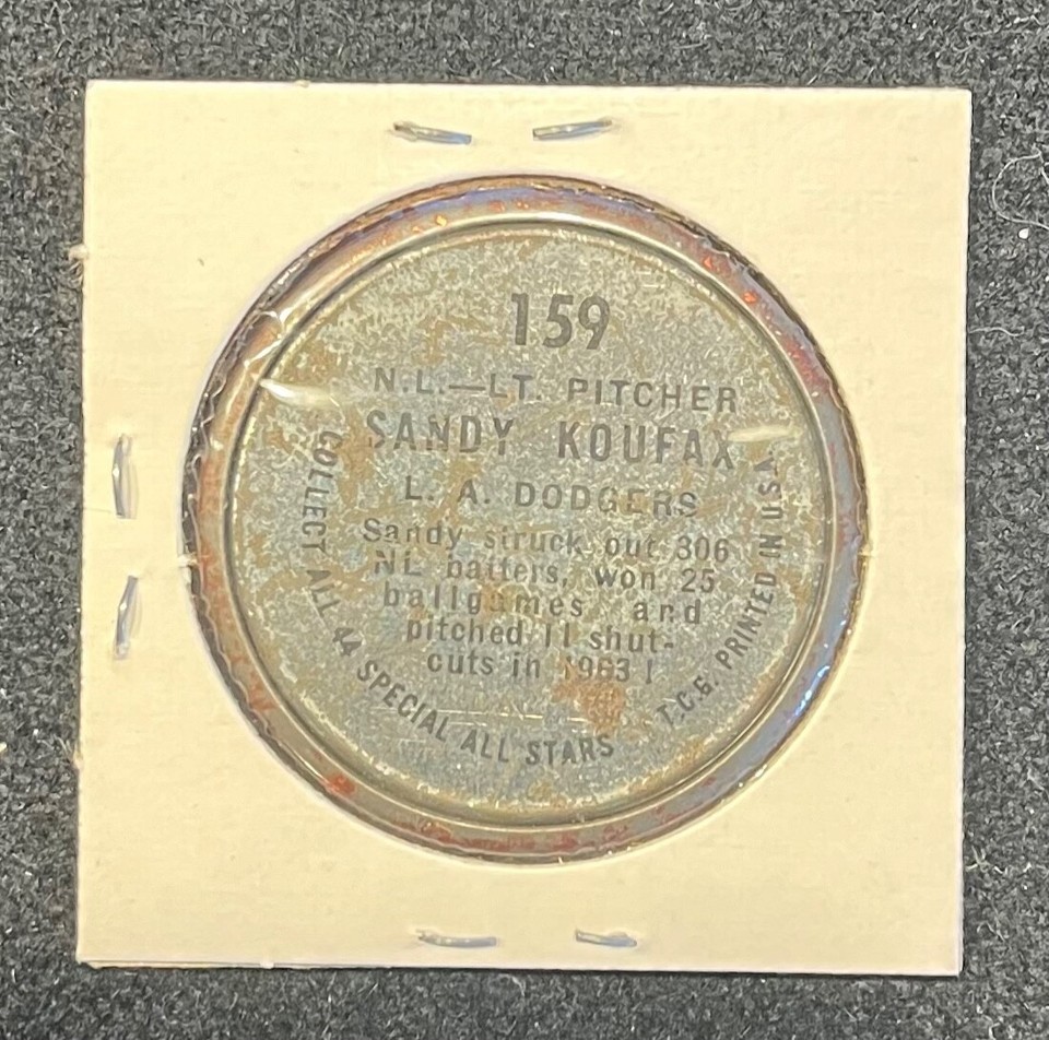 Sandy Koufax Vintage 1964 Topps Baseball All Stars Trading Coin #159 LA ...