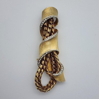 Vtg Kramer Ribbon Serpentine Wrapped Chain Gold Tone Brushed Rhinestone ...