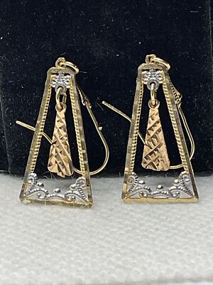 VINTAGE HANDMADE Solid 14K Two Tone Gold Diamond Cut Fish Hook DANGLE ...