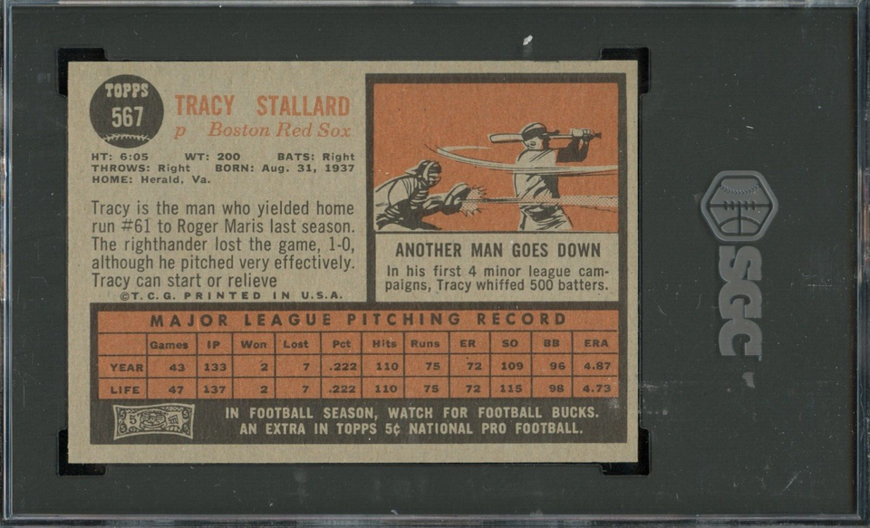 SGC BB - 1962 Topps - #567 - Tracy Stallard - SGC 9 - MT | eBay
