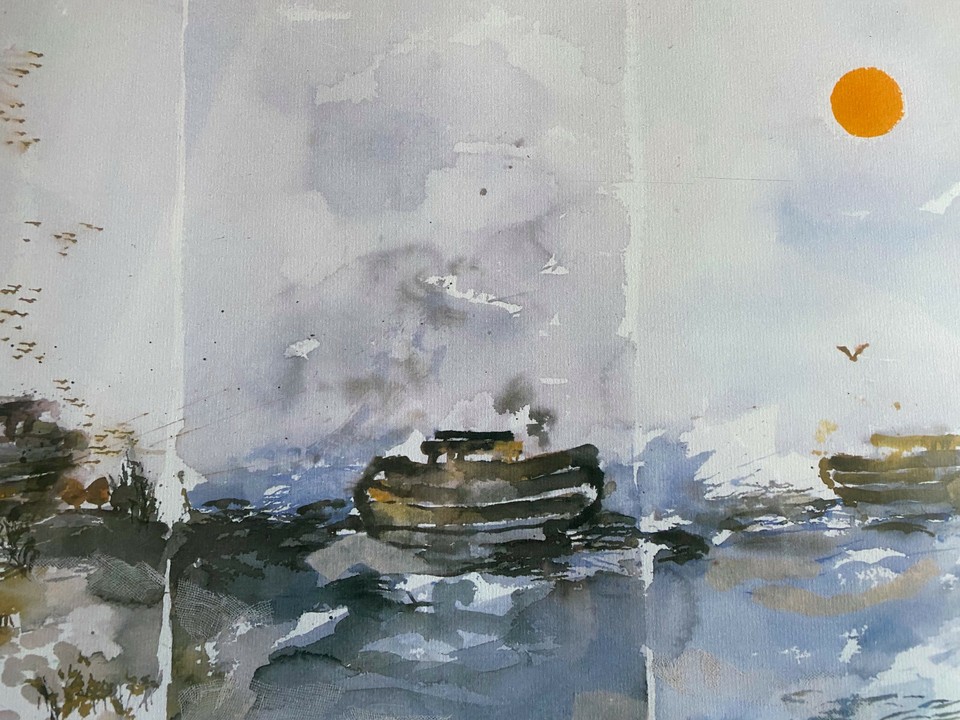 Watercolor Sign. Hans Melis 1990 Boat on Coast at Different Times of ...