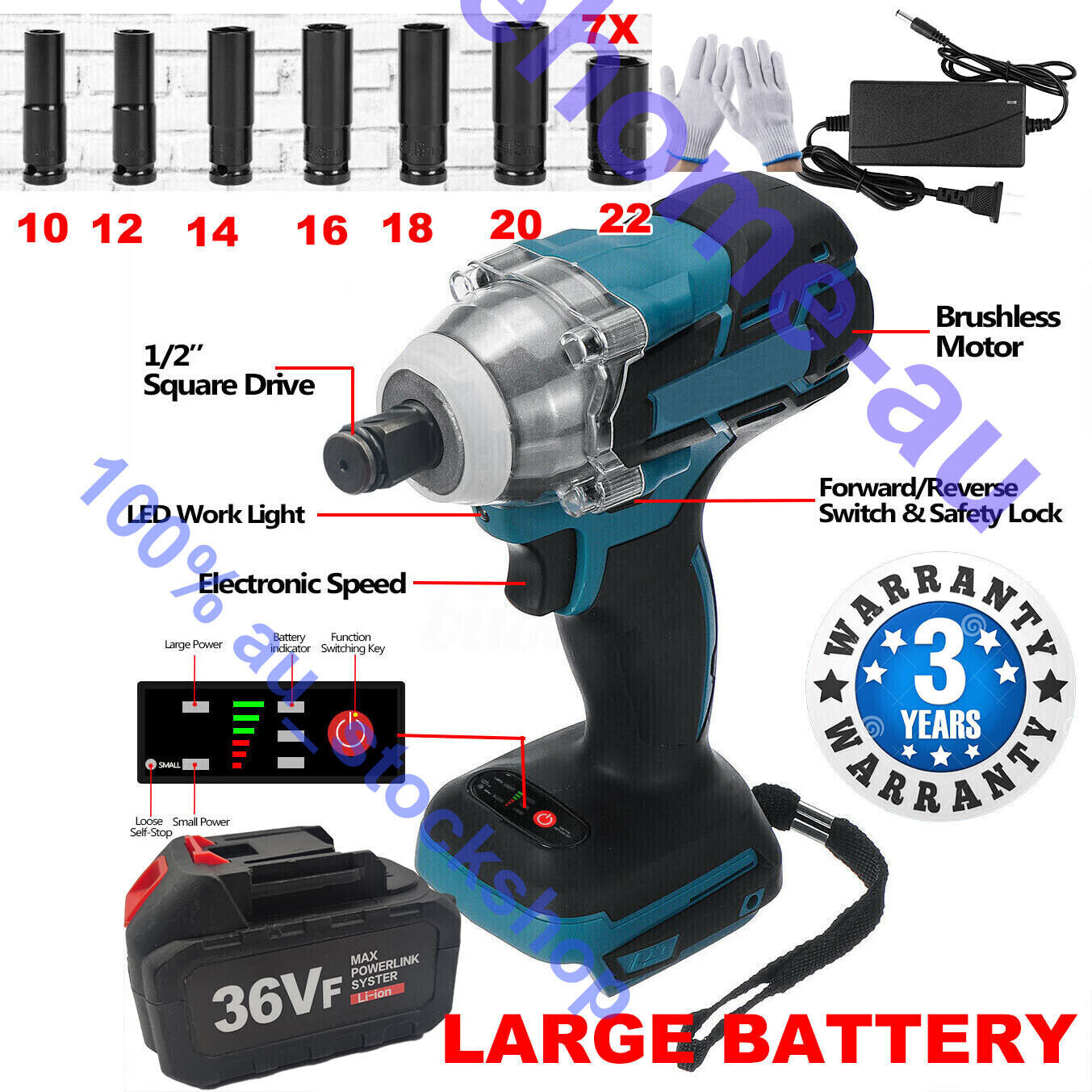 Cordless Electric Impact Wrench Brushless Rattle Gun 1/2" Driver + 2 ...