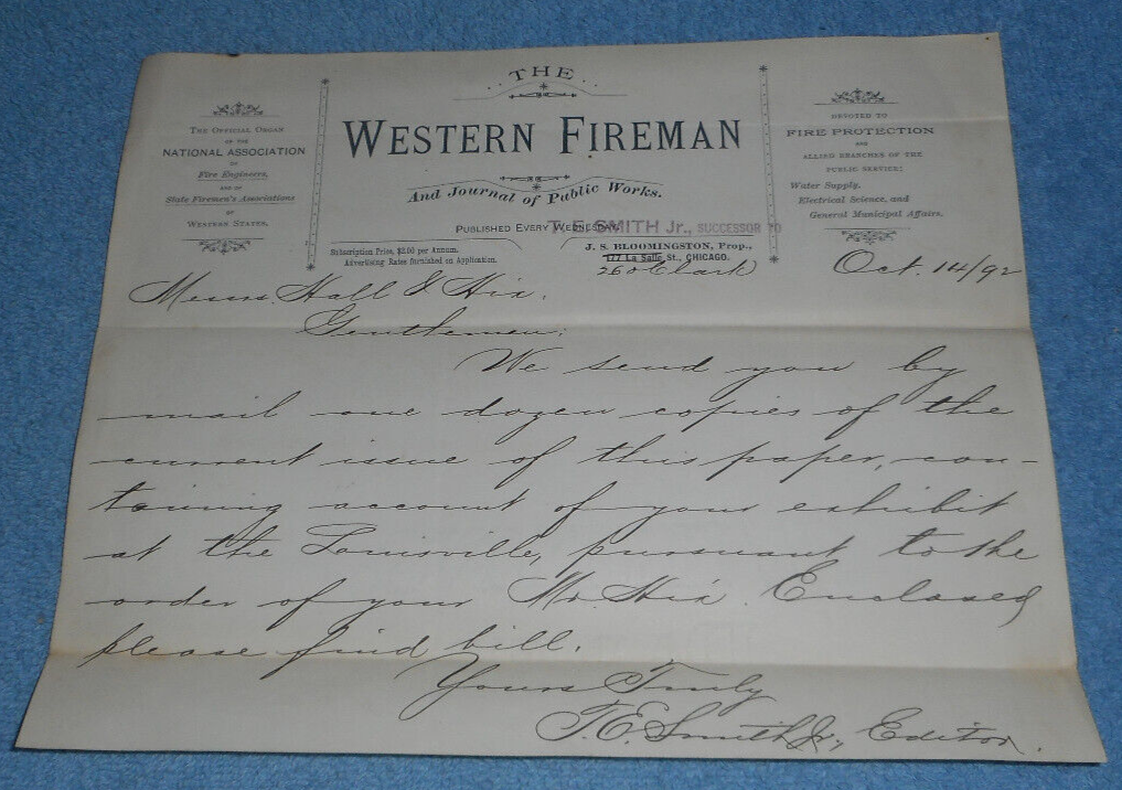 1892 The Western Fireman Public Works Journal Chicago Signed Letter ...