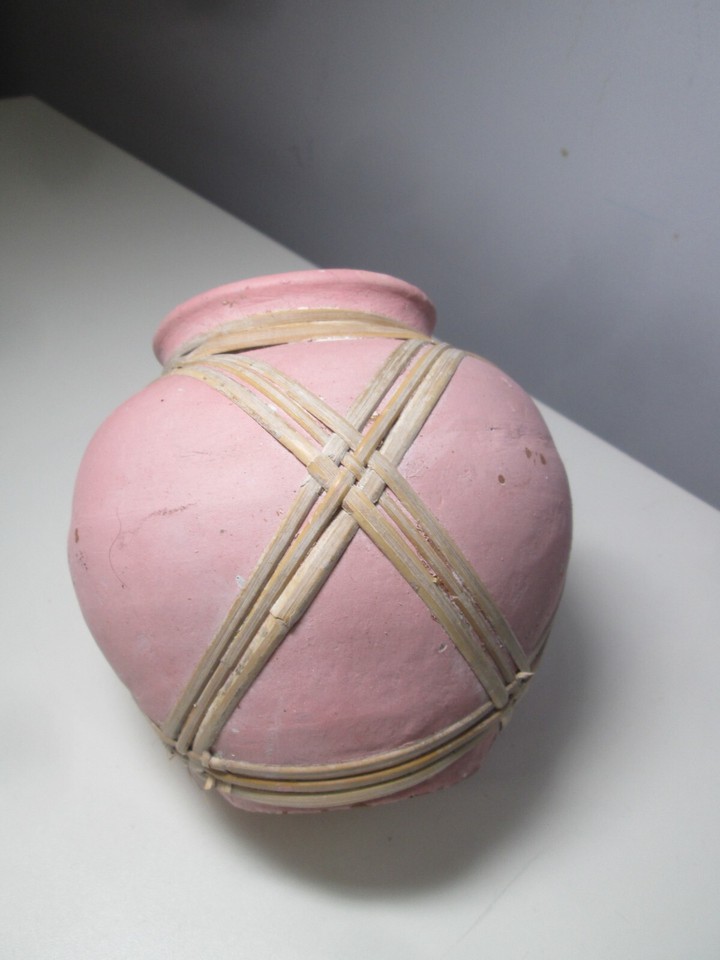 Vintage Philippines Traditional Pink Clay Art Pottery Vase w Bamboo ...