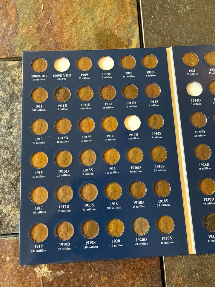 1909-2025-PDS- LINCOLN WHEAT CENTS -SET-IN FOLDERS-ONLY 5 COINS MISSING ...
