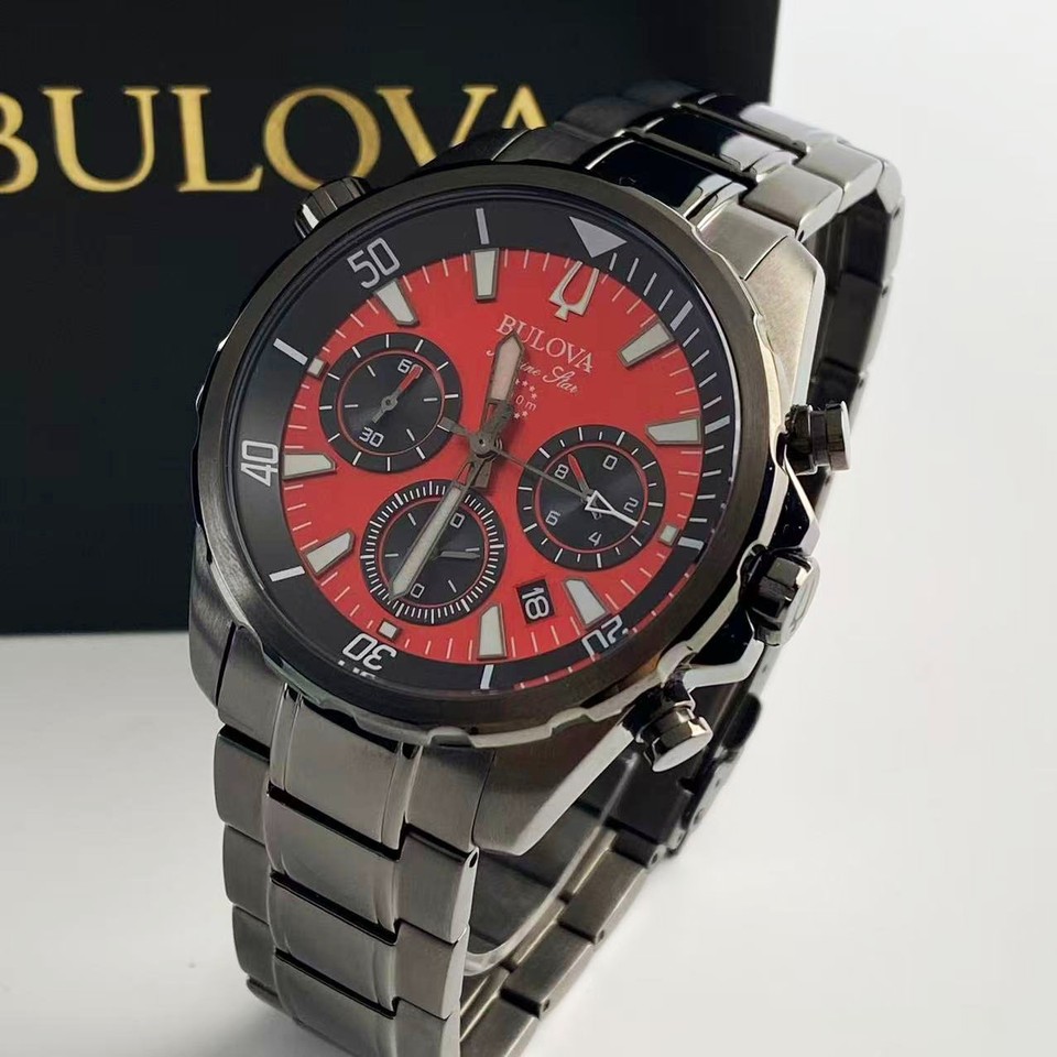 Bulova Marine Star 98B350 43mm Red Dial Men's Chronograph Quartz Watch ...