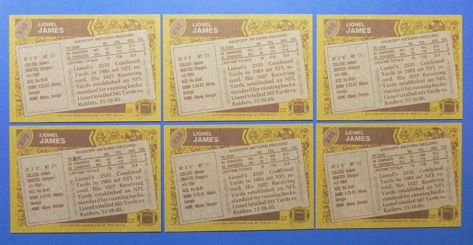 Lionel James 1986 Topps Exact 6 Card Lot (F) #s 232 | eBay