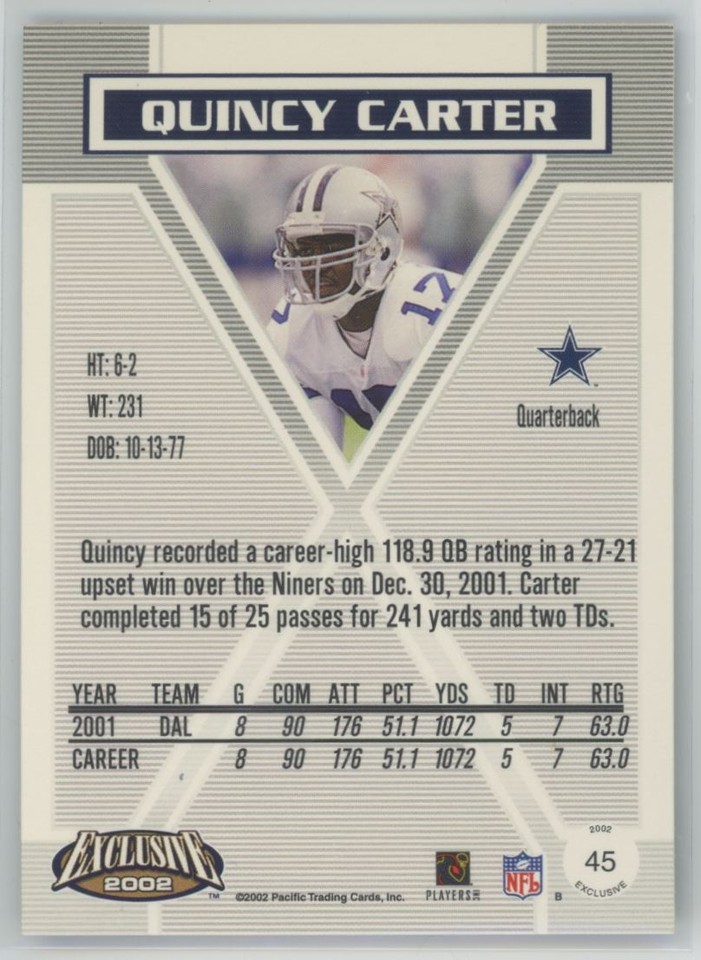 2002 Pacific Exclusive Gold Quincy Carter Dallas Cowboys #45 | eBay