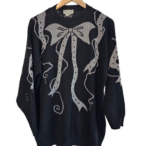 Vintage Jane Adams Sweater Womens 3X Black Metallic Ribbon 80s Bow Made ...