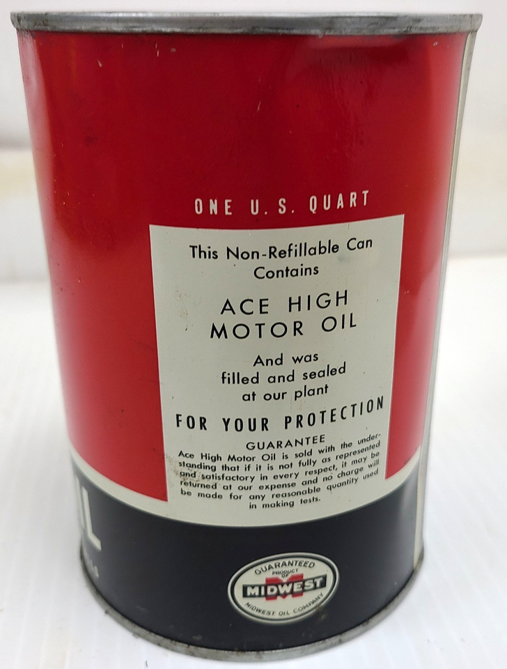 Vintage Ace High Motor Oil Midwest Oil Company Quart Steel Can 40W Full ...