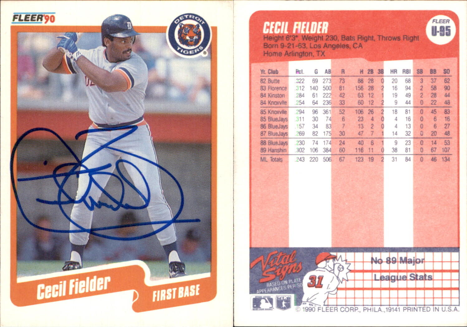 Cecil Fielder Signed 1990 Fleer Update #U-95 Card Detroit Tigers Auto ...