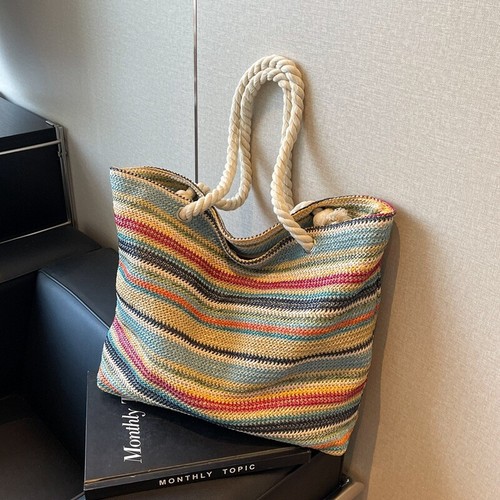 Colorful straw bag Women Summer Beach Rainbow Tote Bag Single shoulder ...