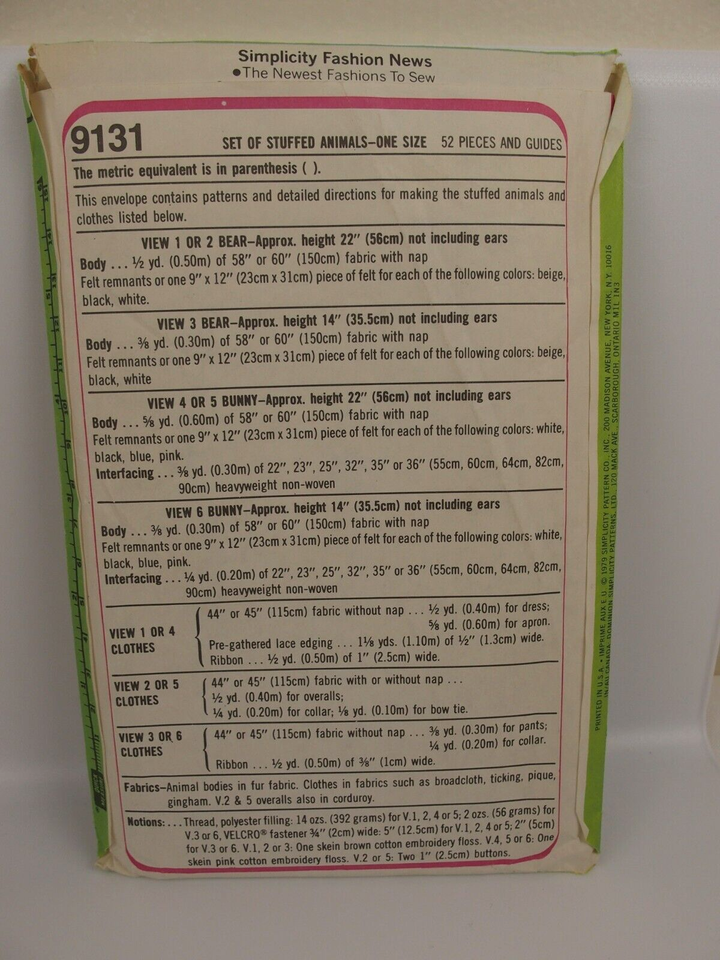 Simplicity 9131 Stuffed Bunny Bear Animals Toy 14" 22" Tall Sewing ...