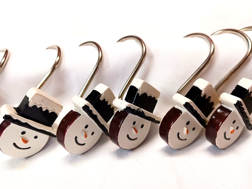SET OF 12 SNOWMAN FACE WITH TOP HAT FULL OF SNOW SHOWER CURTAIN HOOKS ...