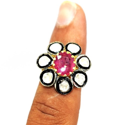 Natural Ruby & Polki Diamond Ring, 925 Sterling Silver, Ruby Ring, Gift ...